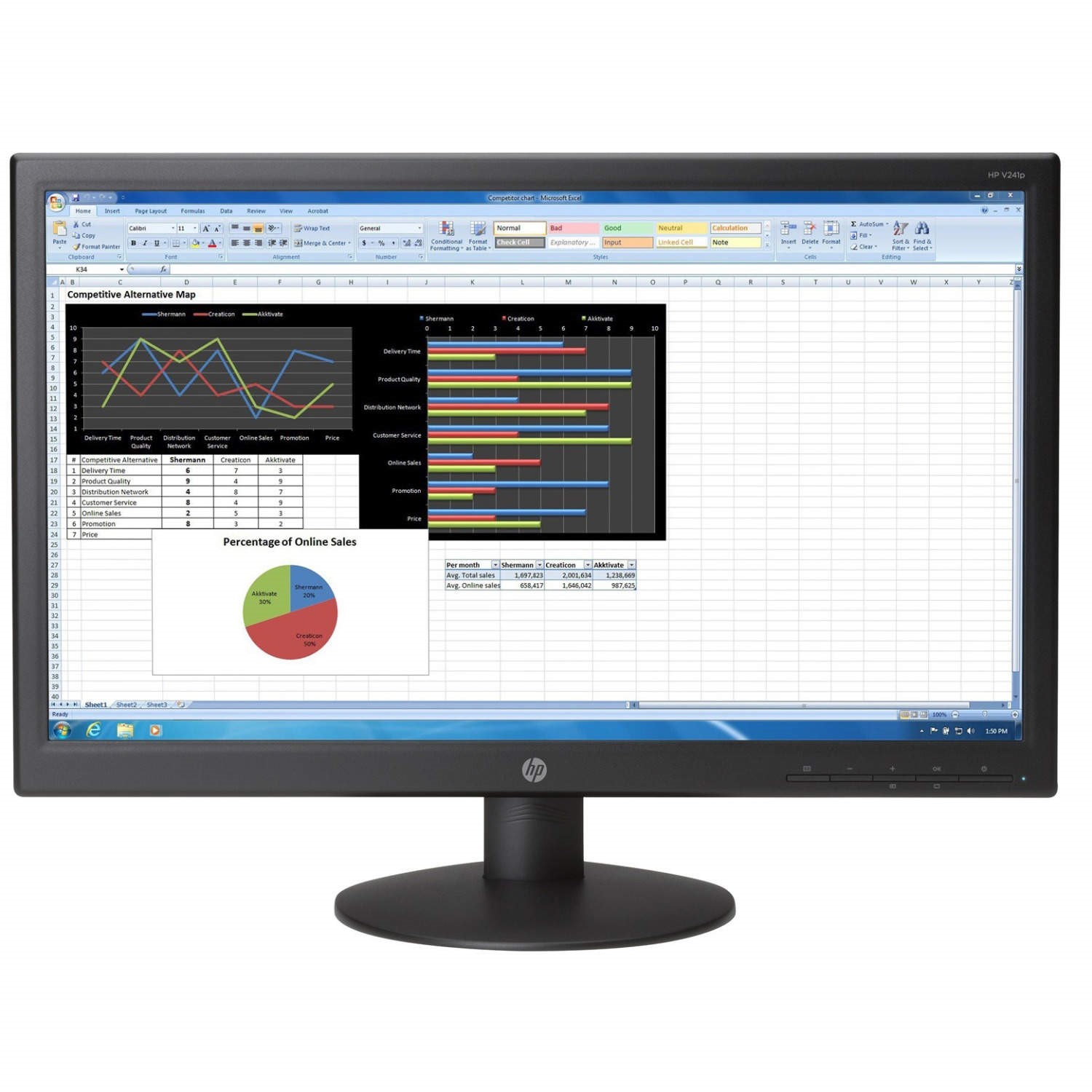 HP V241p LED LCD VGA DVI-D 23.6" 1920x1080 16_9 Monitor on Servers Direct